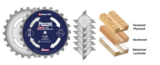 658060 Carbide Tipped Prestige Dado 8 Inch Dia x 24T H ATB 5 8 Bore Complete Dado Set with Six 4 Wing Chippers